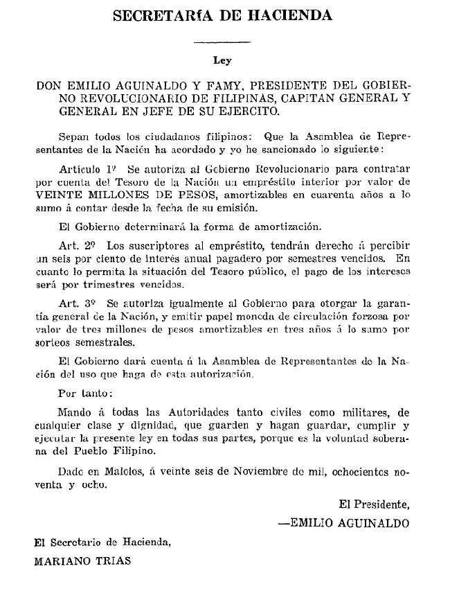 Aguinaldo Authorized loan of 20 Million Pesos